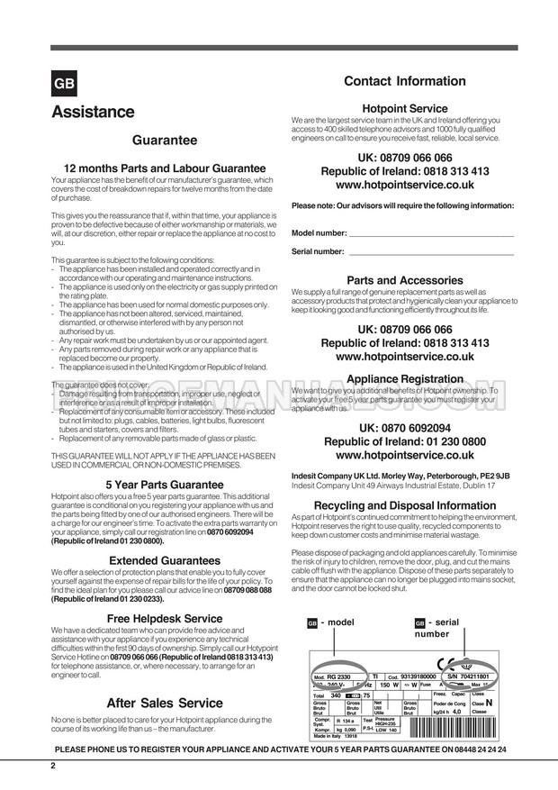 Hotpoint FFU3D Operating Instructions