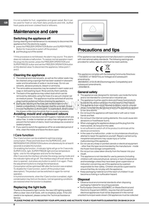 Hotpoint FFU3D Operating Instructions